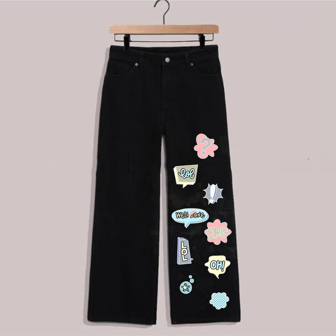 Black retro sticker design wide leg jeans – Tees Stone